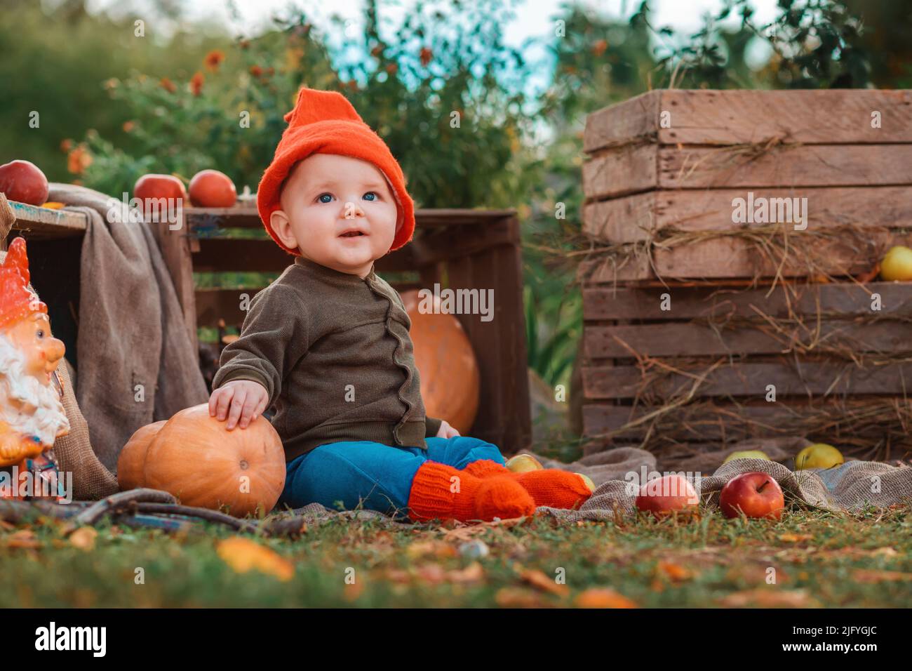 Halloween. Cute toddler boy in costume of dwarf sitting in kitchen ...