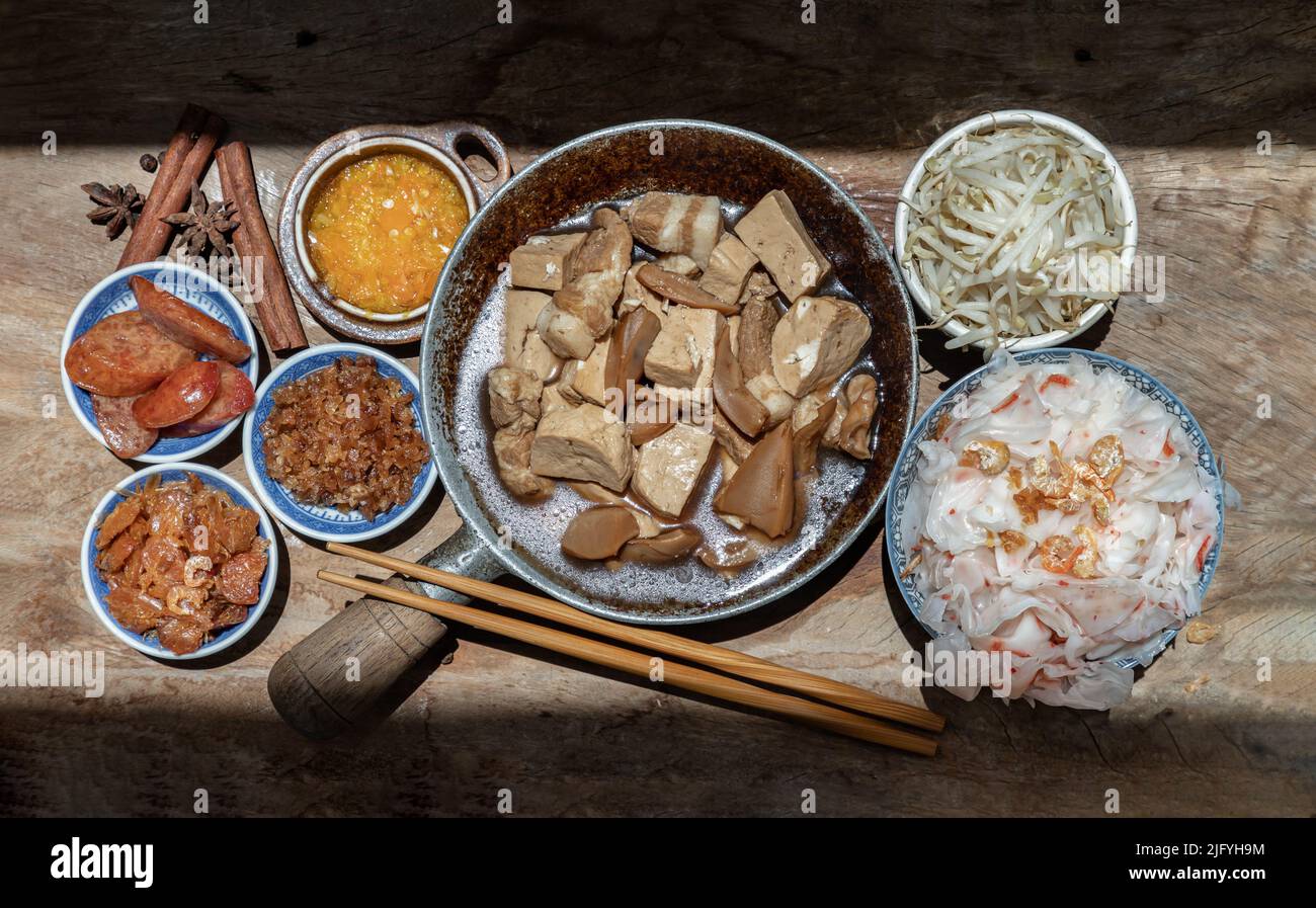 Chinese steamed flat wide rice noodles with Braised pork, Tofu, Crisp ...