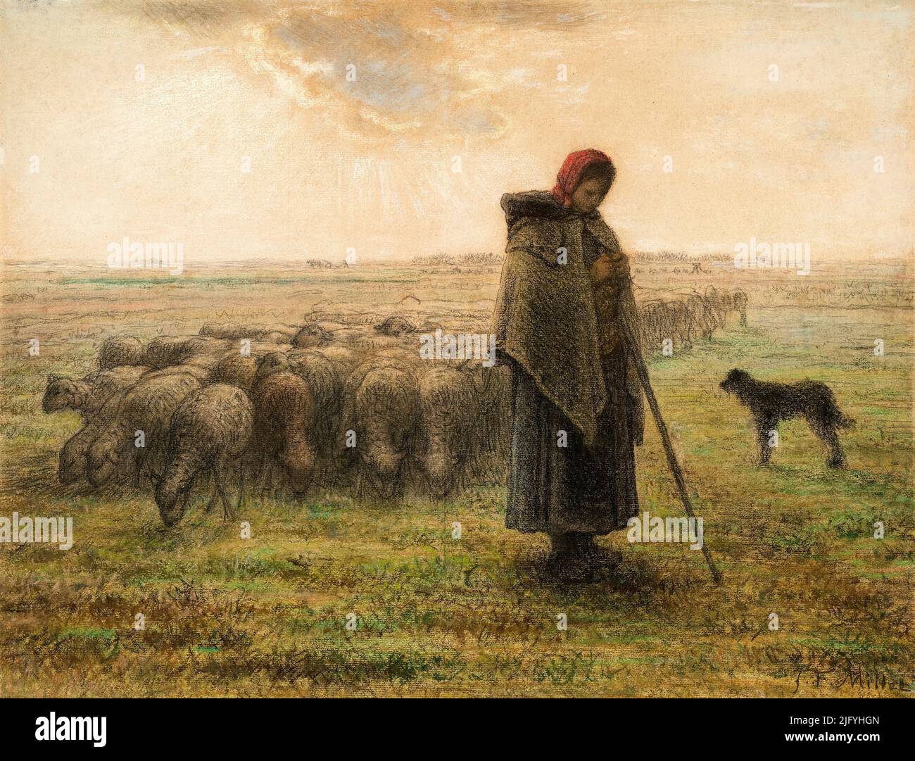 Jean Francois Millet, Shepherdess and Her Flock, pastel drawing, 1864 ...