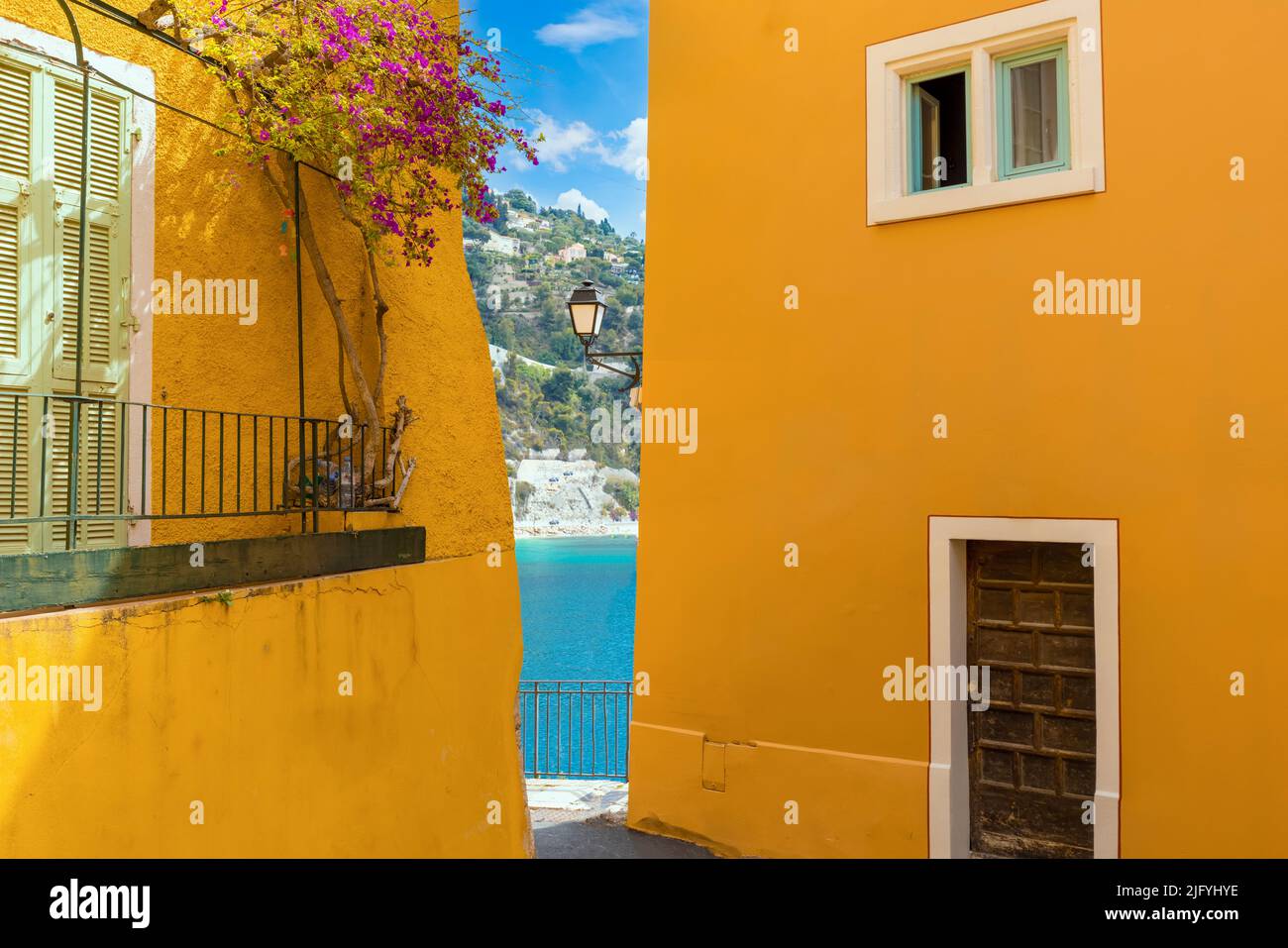 France, French Riviera, Villefranche old city streets in historic city ...