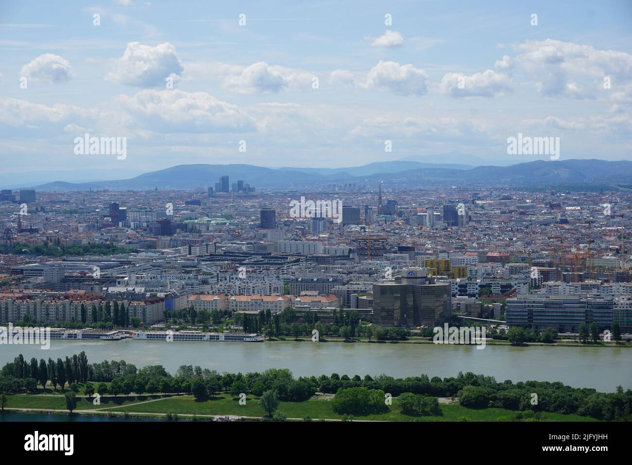 A view across the Danube to Vienna from the Donauturm Stock Photo - Alamy