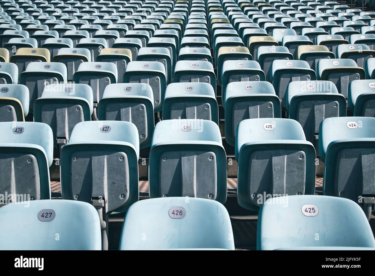 Empty chairs for audience on modern stadium arena or open air theatre ...