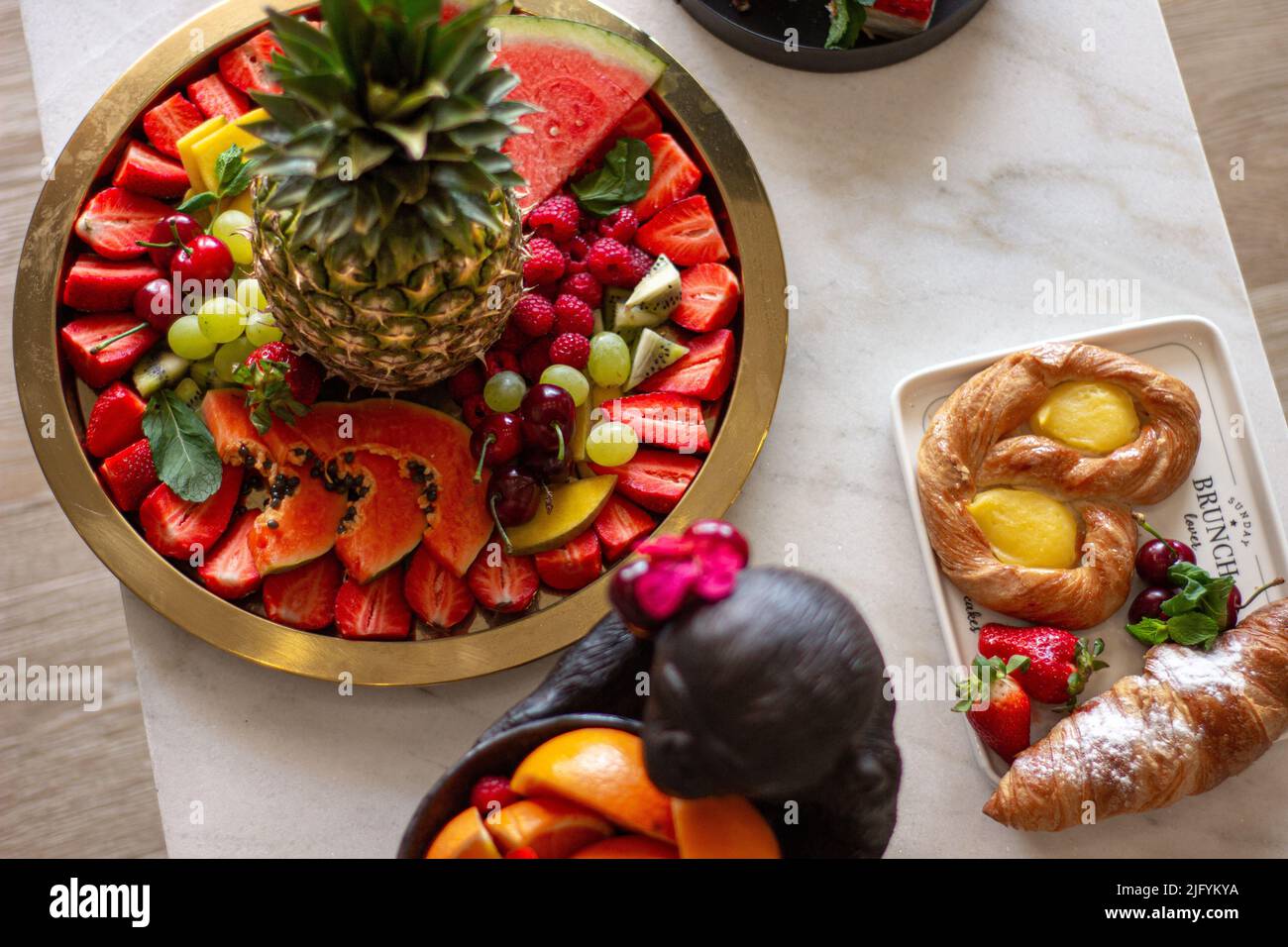 A top view of watermelon, strawberries, cherries, grapes, raspberries ...