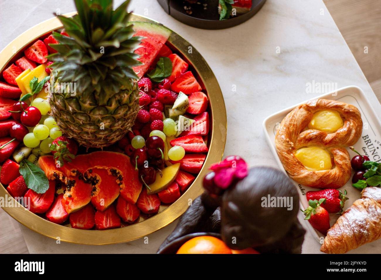 A top view of watermelon, strawberries, cherries, grapes, raspberries ...