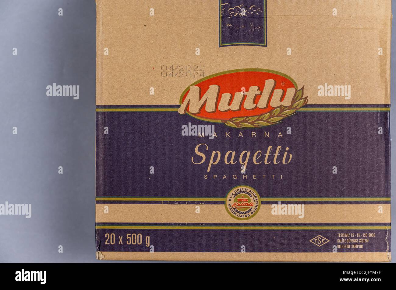 Large cardboard box of spaghetti. Products of the largest Turkish brand ...