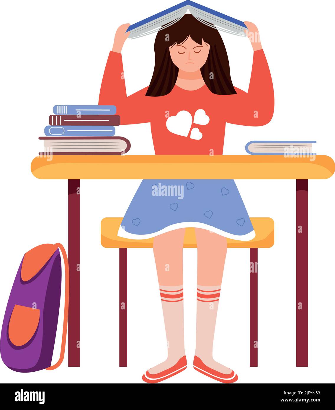 Female child overloaded with homework semi flat color vector character ...