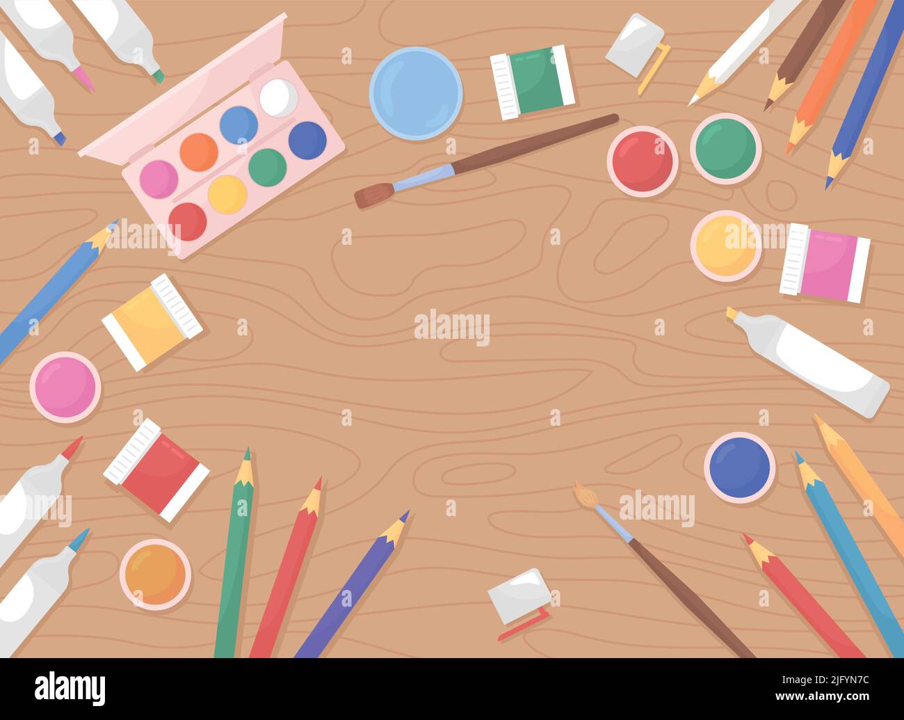 Wooden desk top with artistic stationery flat color vector background ...