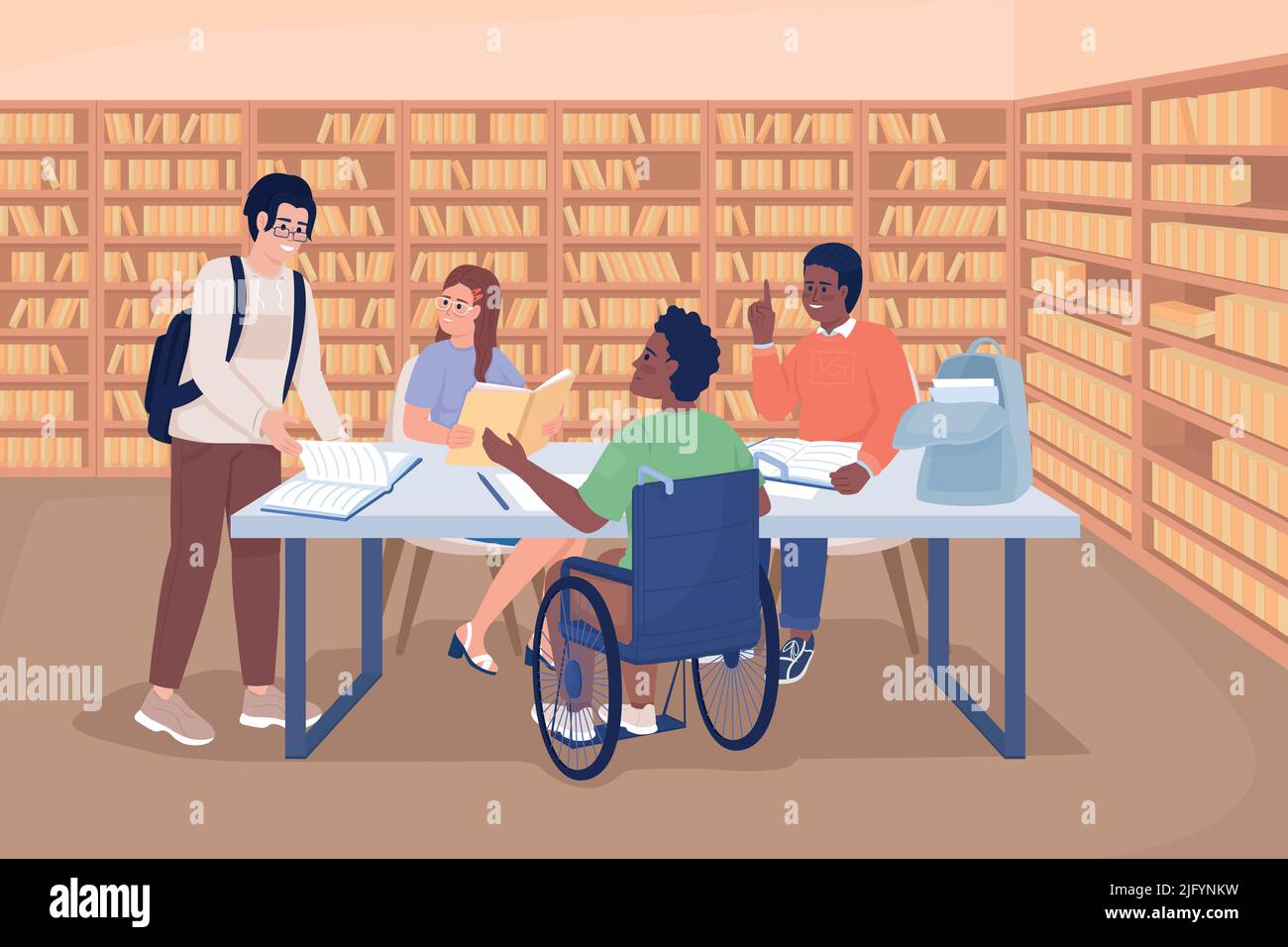 Small group meeting at library flat color vector illustration Stock ...