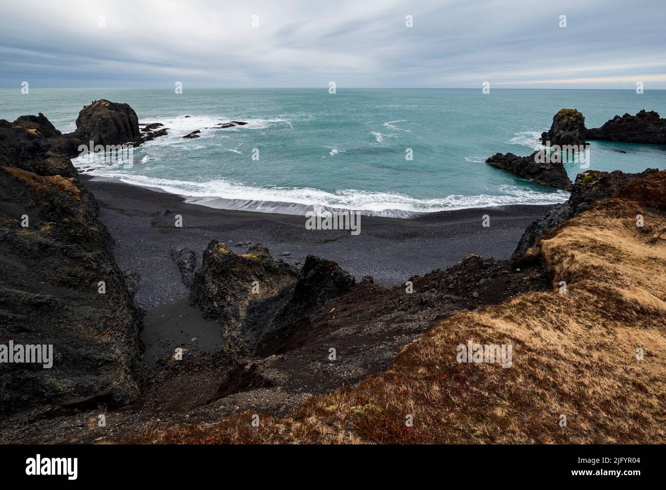 Elevated view of Dritvík Bay, Snæfellsnes, Iceland. Panoramic landscape ...