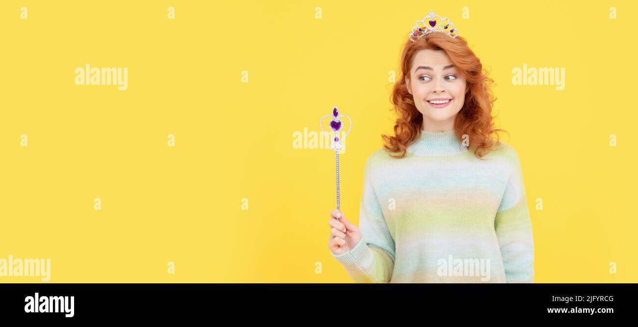 happy redhead woman in queen crown with magic wand, magic. Woman ...