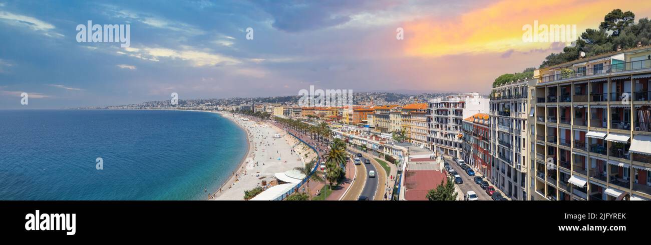 France, panoramic skyline of old historic Nice center and azure beaches ...
