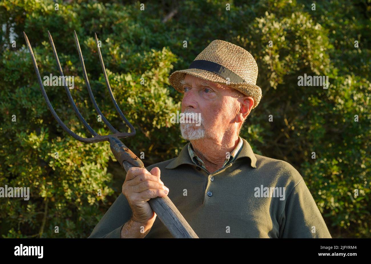 Portrait of an elderly Italian man with straw hat and blue eyes, in a ...