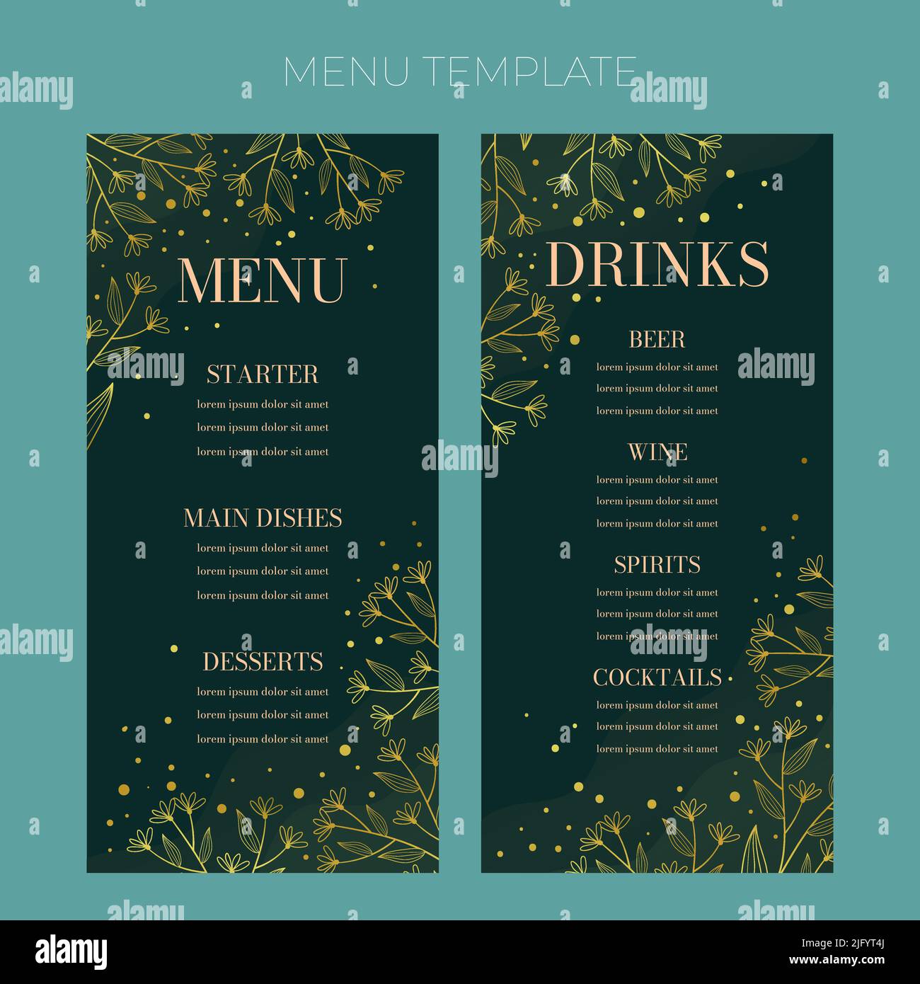 Floral wedding Menu template in elegant golden style, invitation card ...