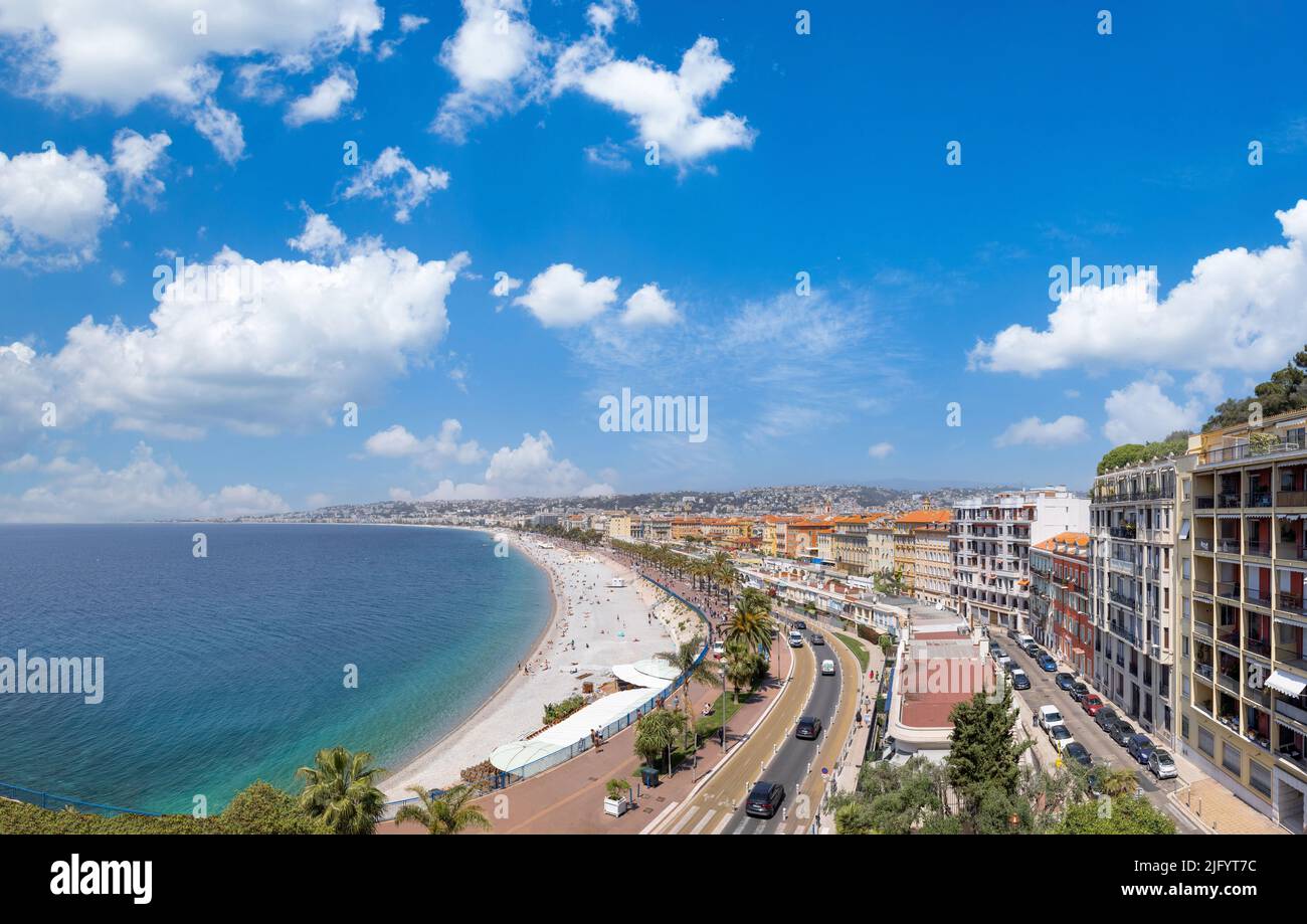 France, panoramic skyline of old historic Nice center and azure beaches ...