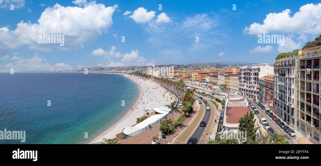 France, panoramic skyline of old historic Nice center and azure beaches ...