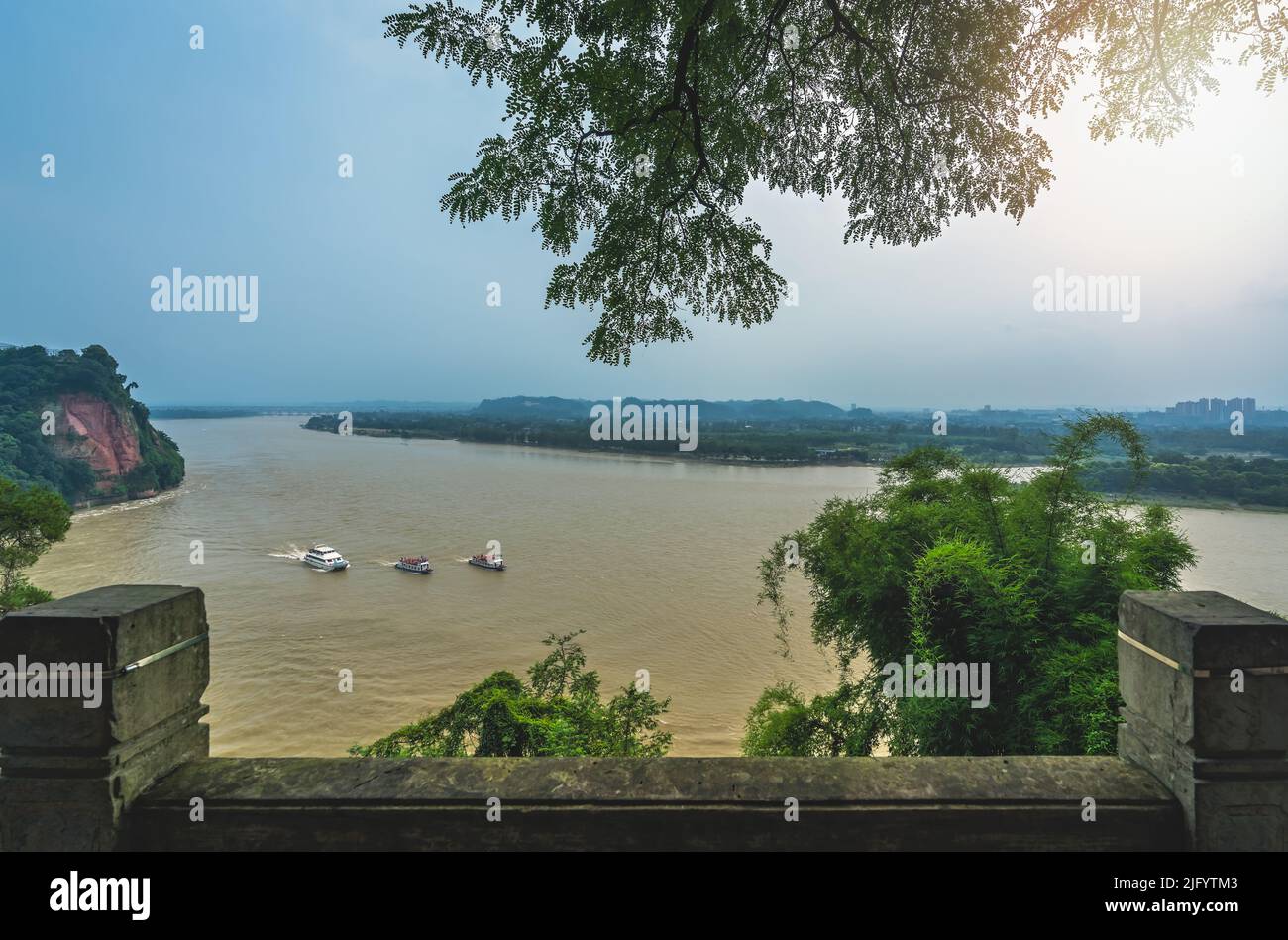 Three sightseeing boats with tourists sailing on the Min River and Dadu ...