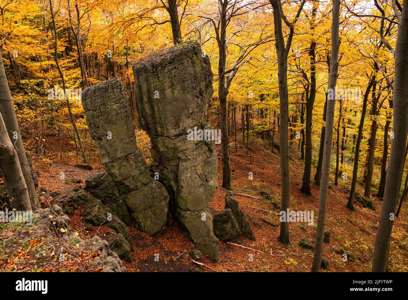 Rock formation "Adam & Eva" on the Ith Ridge in autumn, a well-known ...