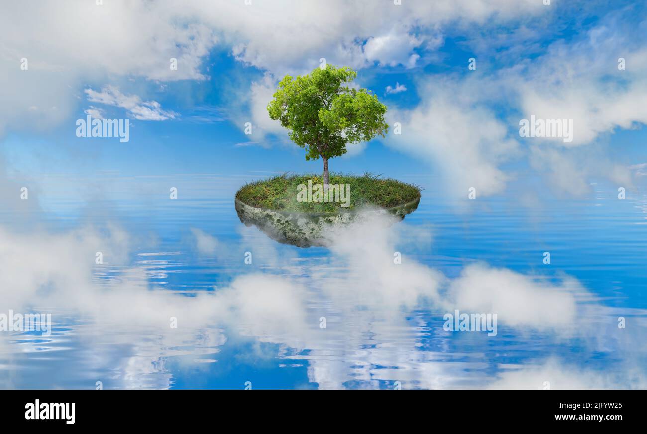 Amazing island with grass and a tree floating in the air above the sea ...