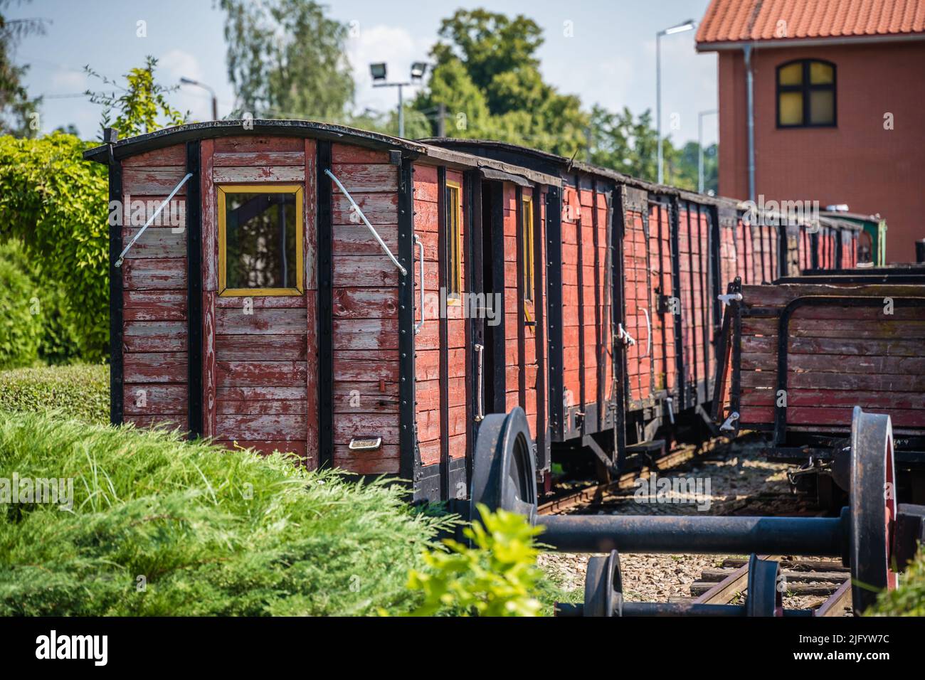 A vertical shot of a narrow-gauge train surrounded by trees in the ...