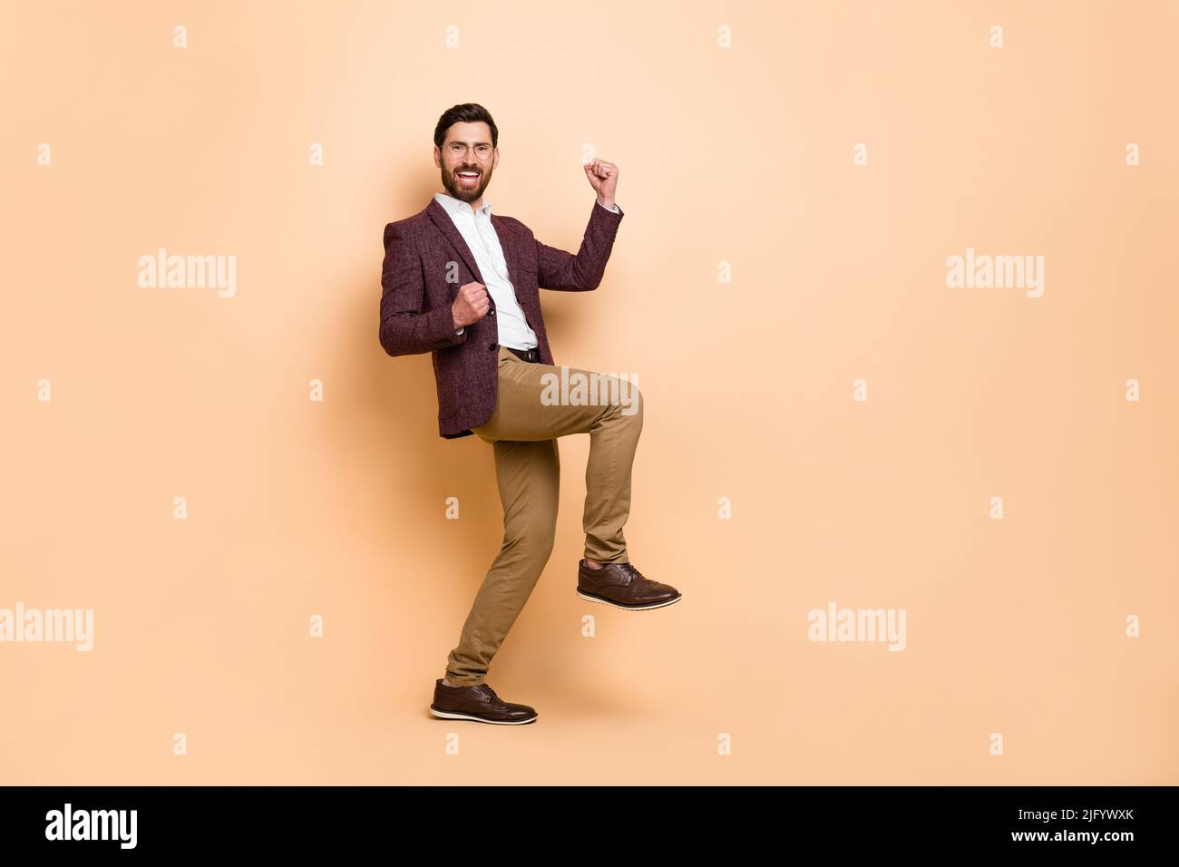 Full body photo of overjoyed ecstatic male celebrate personal ...