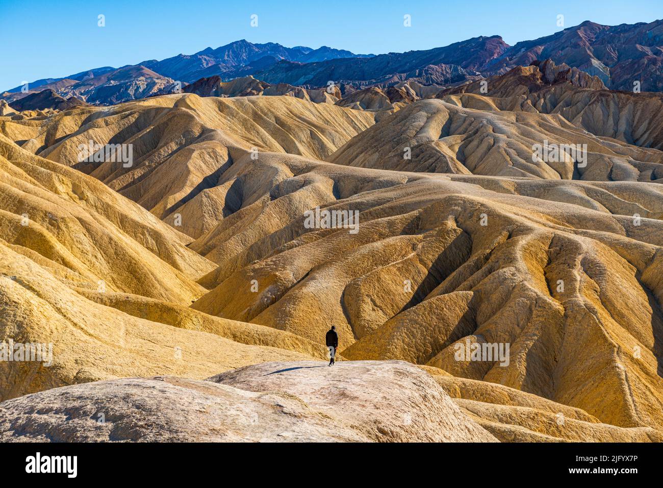Hiker in the colourful sandstone formations, Zabriskie Point, Death ...