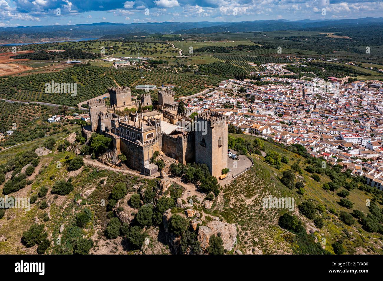 Aerial of the Castle of Almodovar del Rio, Andalusia, Spain, Europe ...