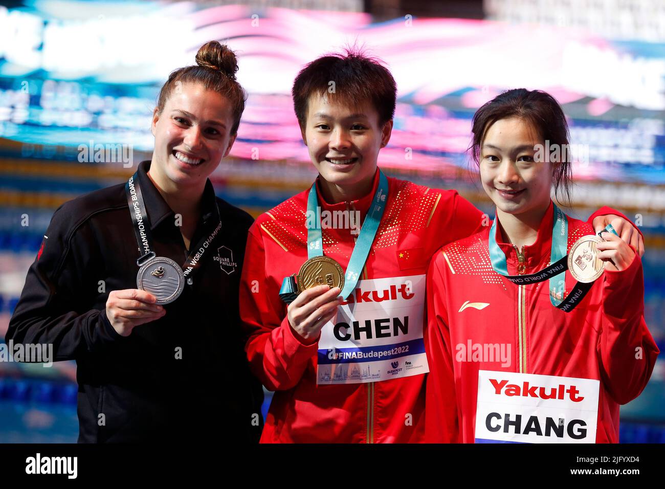 Budapest, Hungary, 2nd July 2022. Yiwen Chen of China, Mia Vallee of Canada and Yani Chang of ...