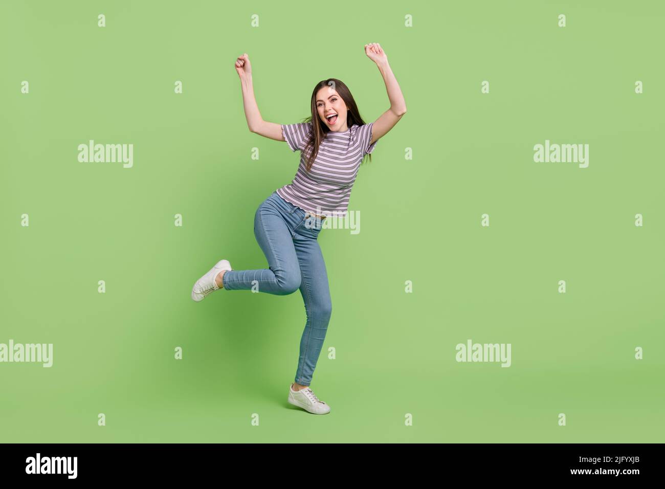 Full length body size view of attractive cheerful funny lucky girl ...