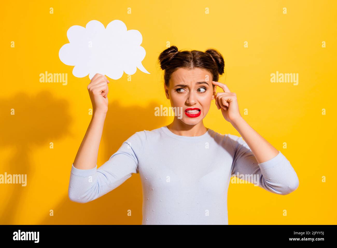 Photo of doubtful unsure lady wear long sleeve looking mind cloud empty ...