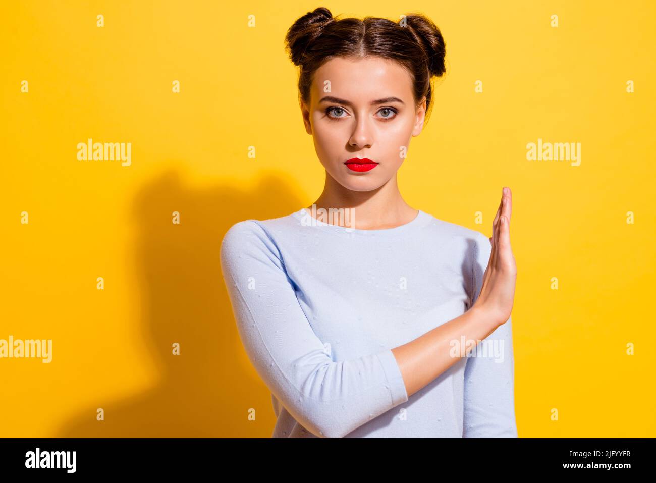 Photo of strict lady showing stop sign empty space make refusal ...