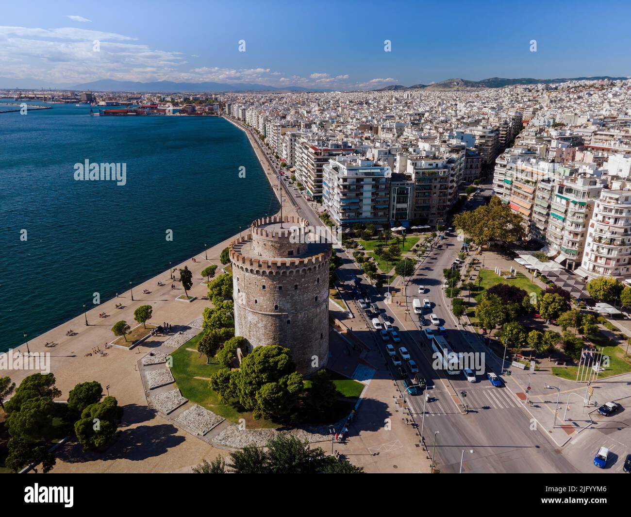 Aerial drone view of White Tower landmark with residential buildings at ...