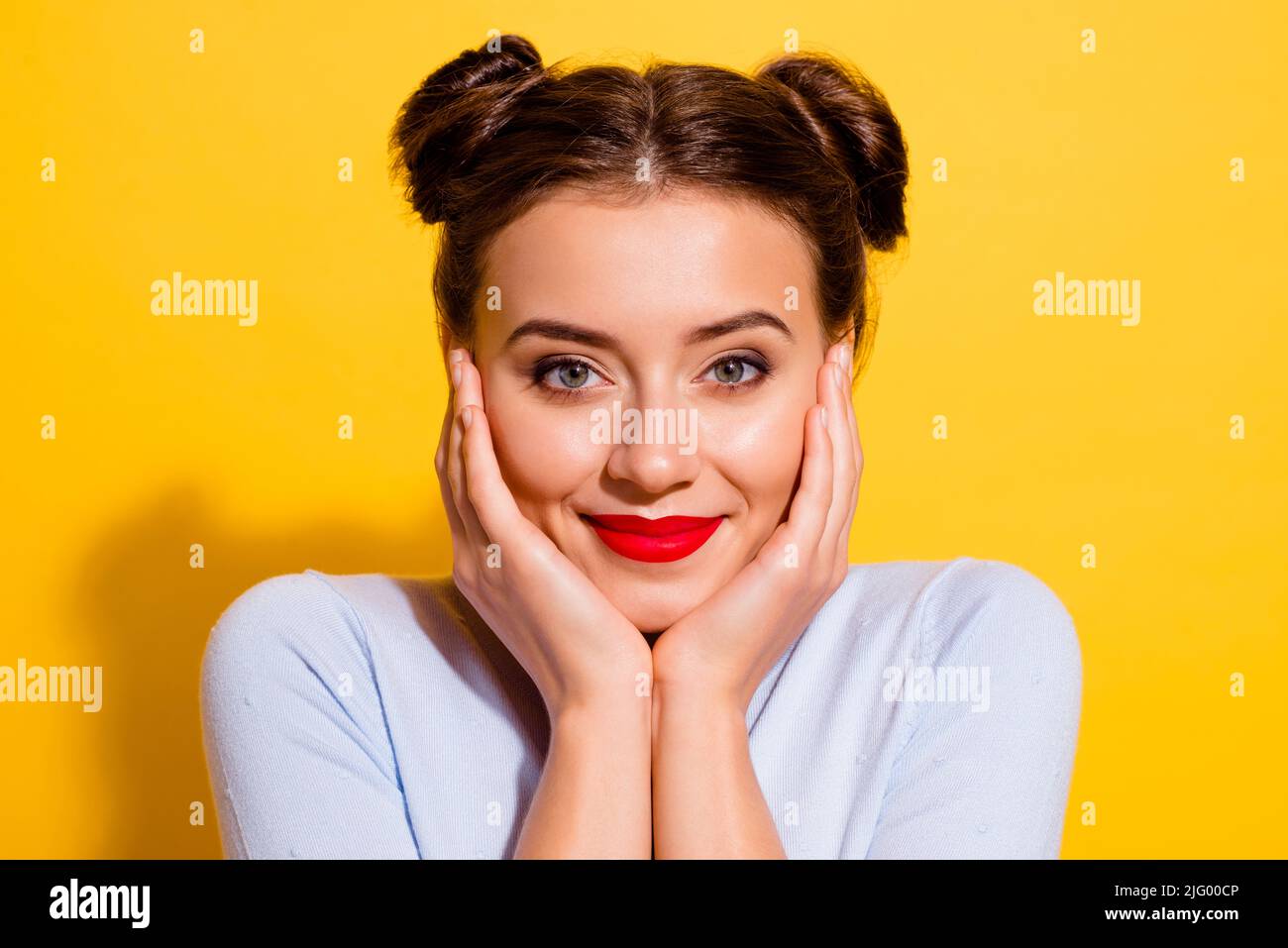 Photo of young pretty good mood female touching her cheeks wear vivid ...