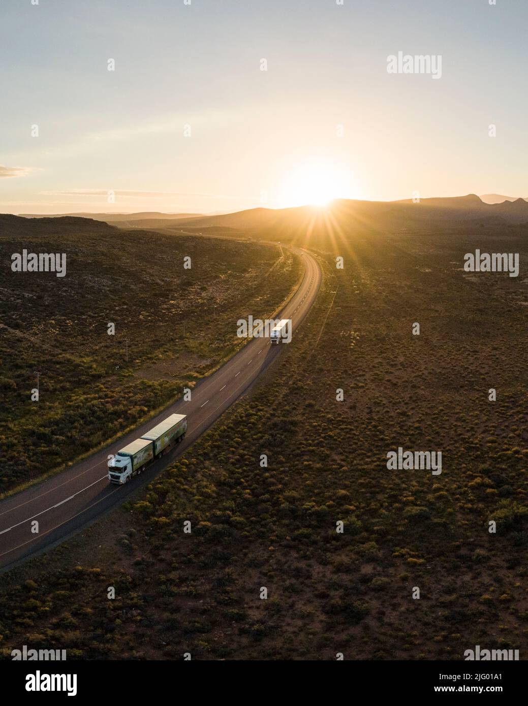 Aerial view of sunset over highway, landscape near Touws River, Western ...