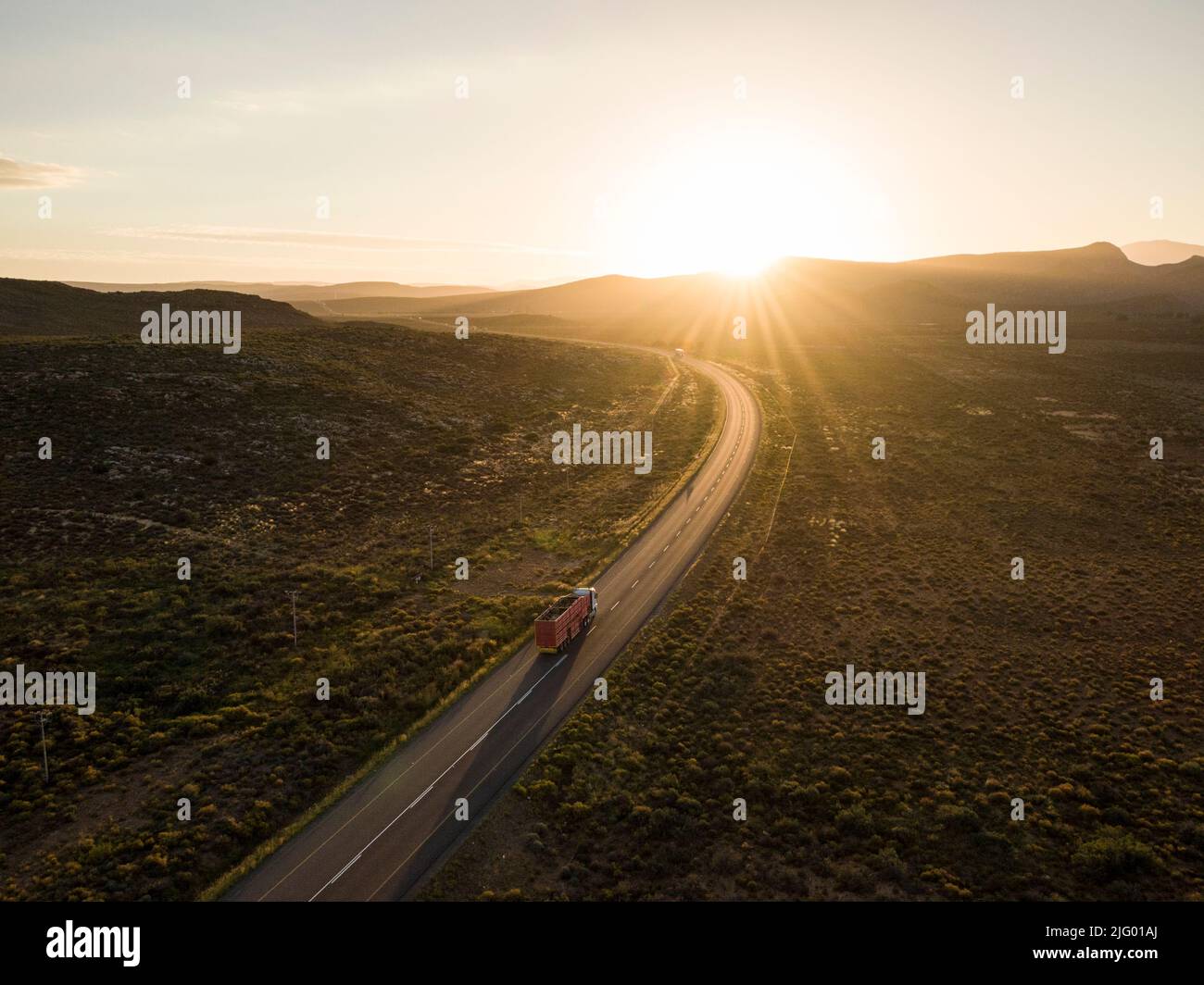 Aerial view of sunset over highway, landscape near Touws River, Western ...