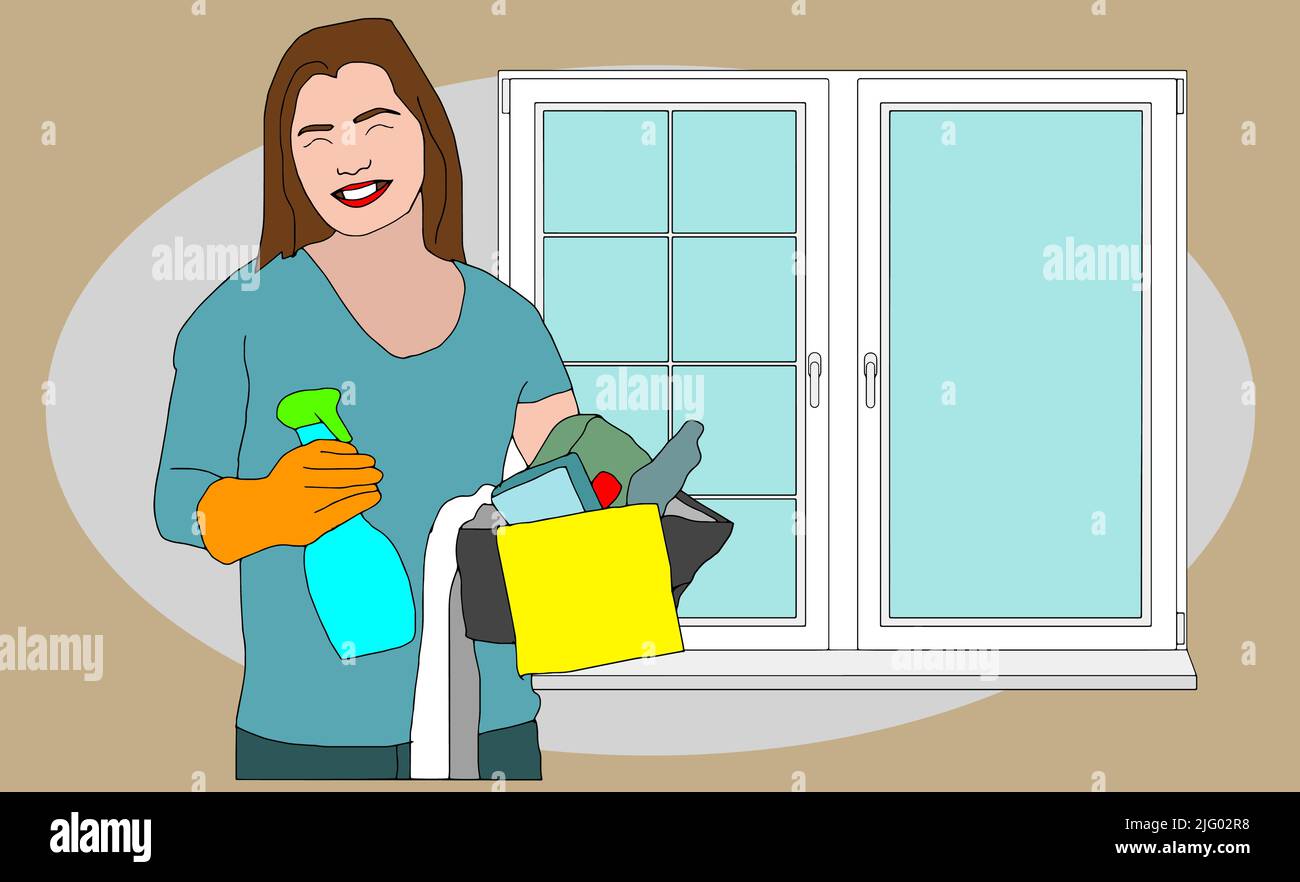 Woman making window cleaning. Flat style vector illustration isolated ...