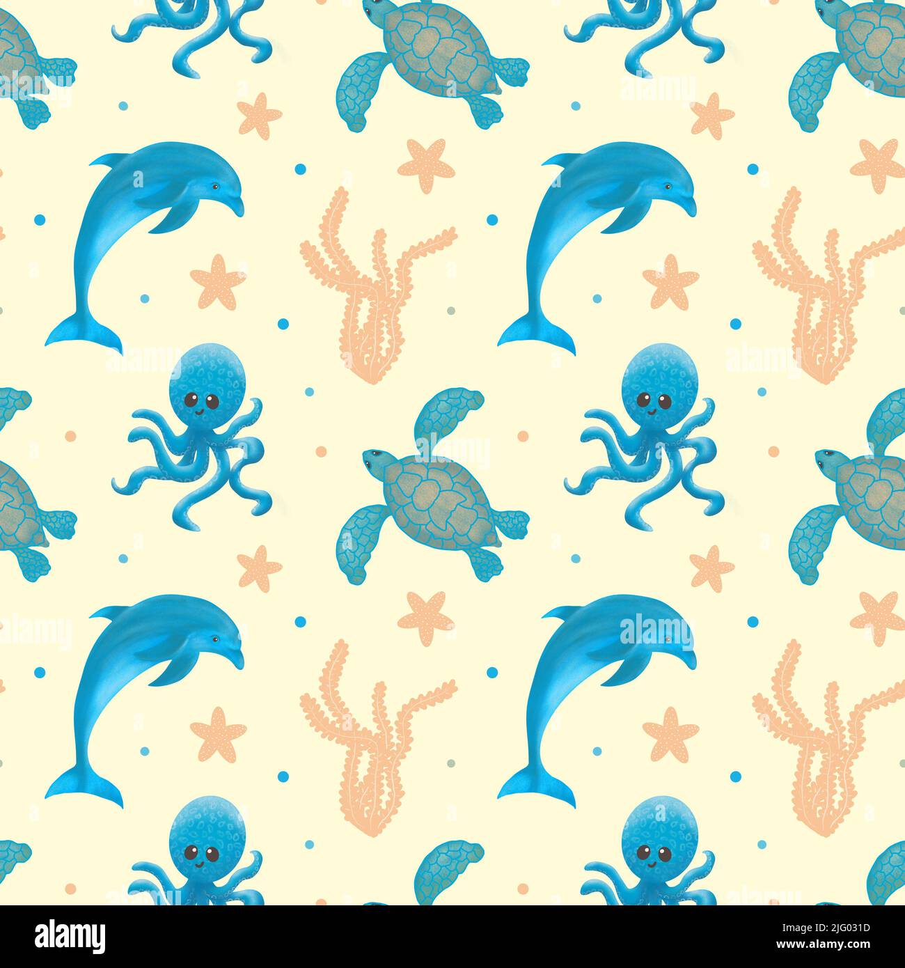 Sea animals. Seamless pattern with sea animals. Dolphin, octopus and ...