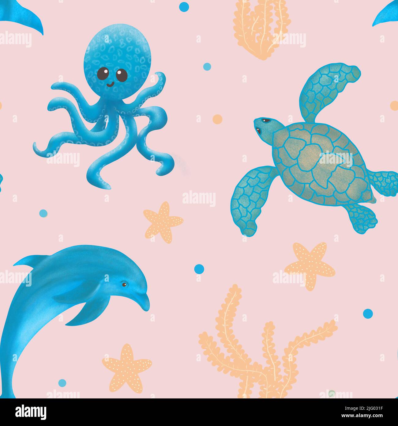 Sea animals. Seamless pattern with sea animals. Dolphin, octopus and ...