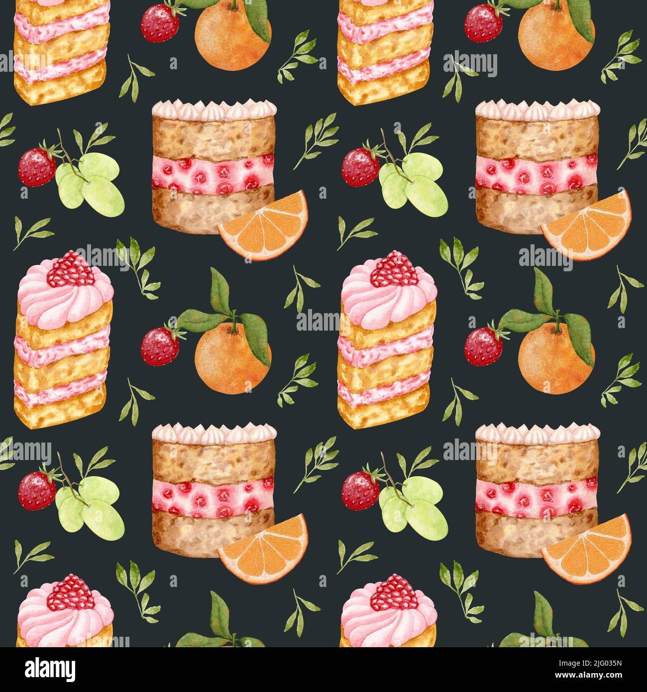 Watercolor Seamless Pattern with Raspberry and Cherry Cake. Pattern ...