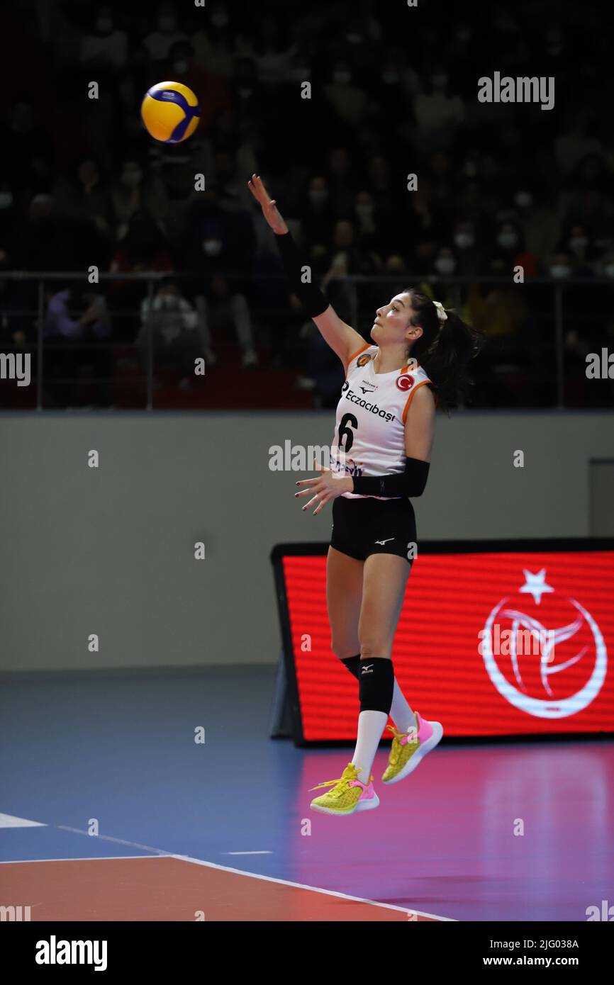 ISTANBUL, TURKEY - JANUARY 30, 2022: Saliha Sahin serves during Turk ...