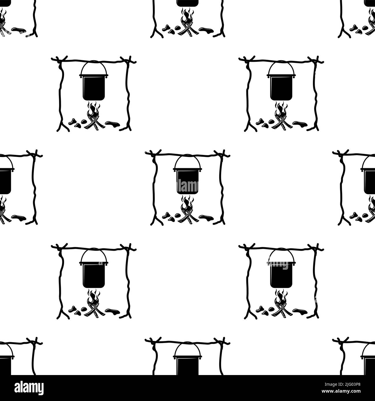 Campfire Cooking Icon Seamless Pattern, Outdoor Cooking, Traditional ...