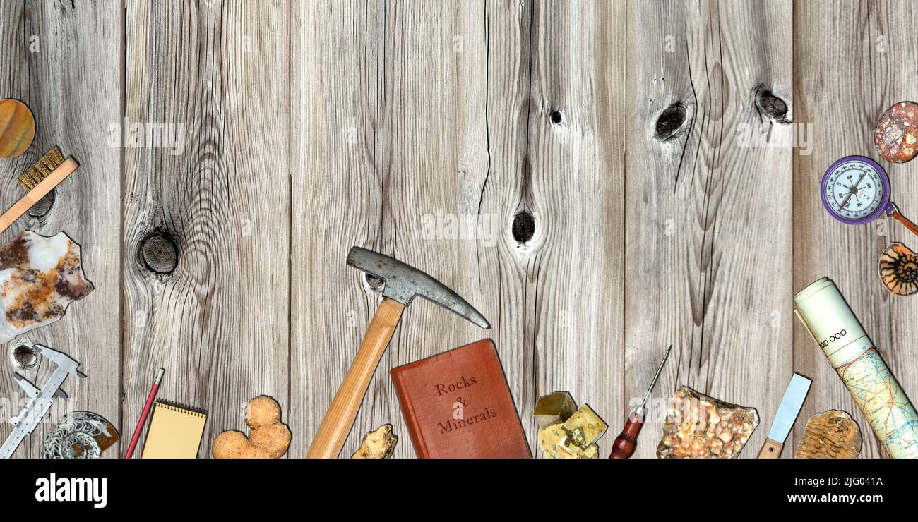 Topview of Set Fieldwork Geology Tools on Table Background Stock Photo ...