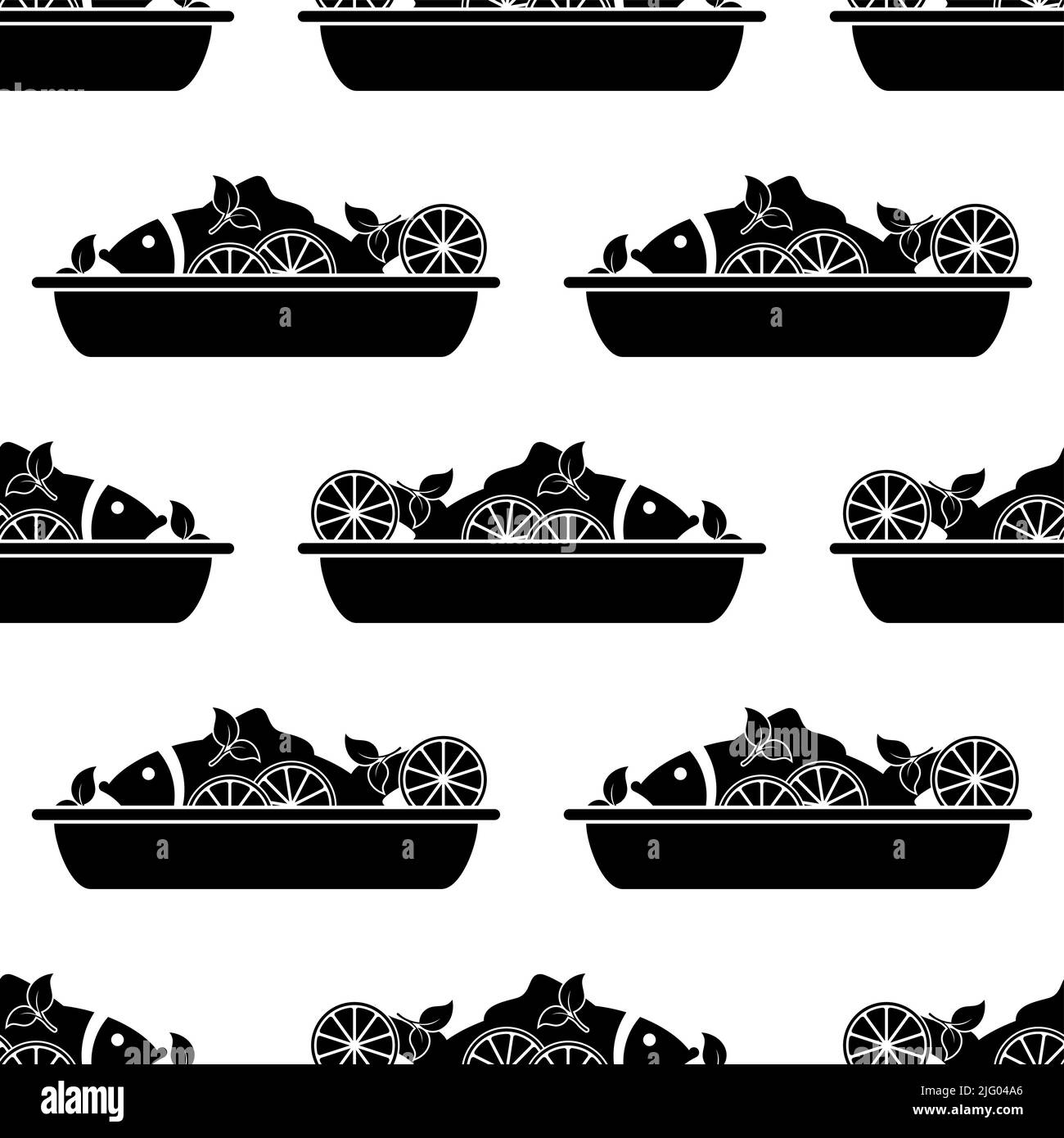 Fish Dish Platter Icon Seamless Pattern, Fish Dish In Plate Vector Art ...