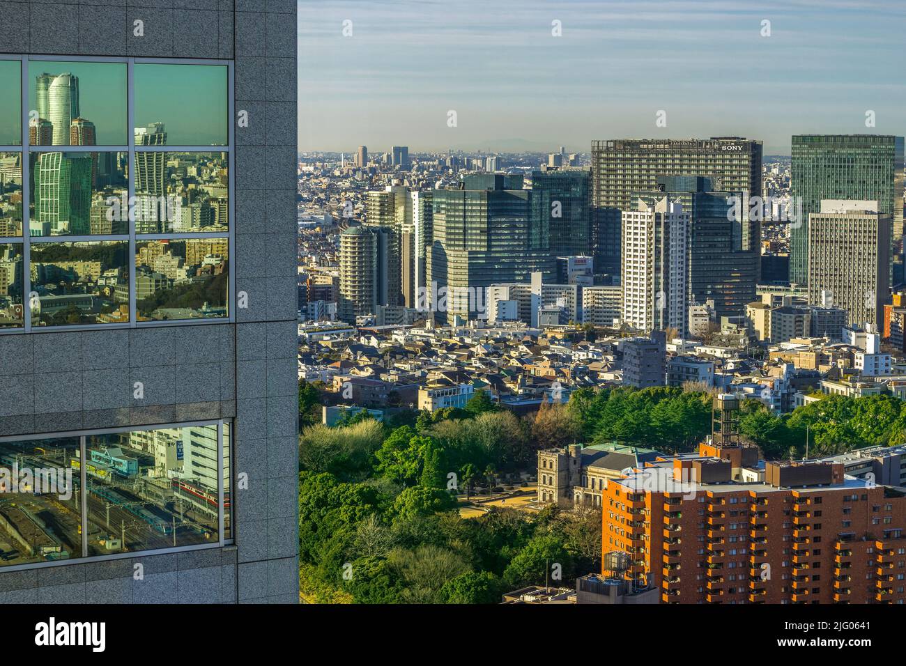 Tokyo, 08, Feb, 2014; Top view of Tokyo city reflected in window ...