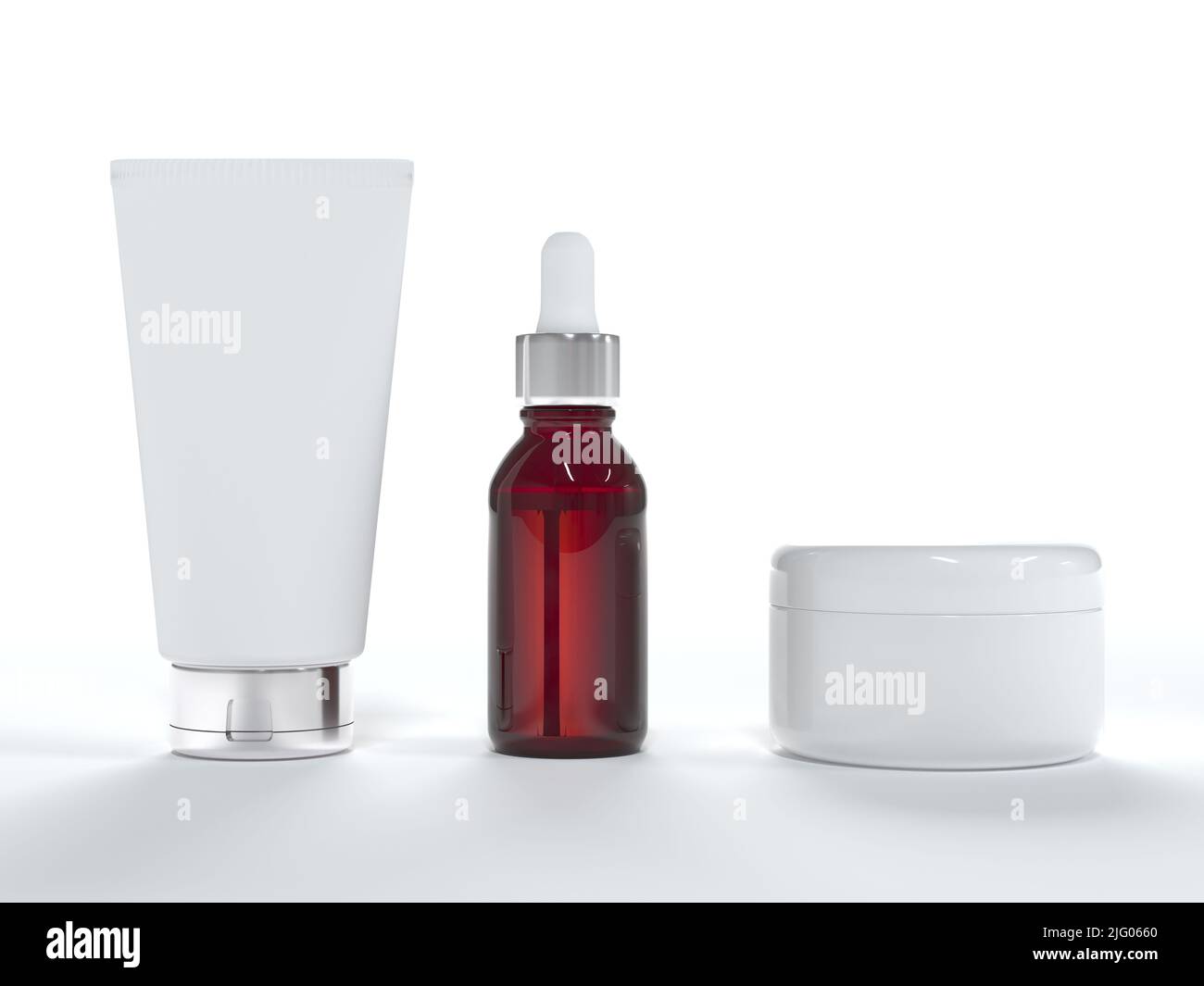 Cosmetic cream tube, jar with lid and serum bottle 3D render on white ...