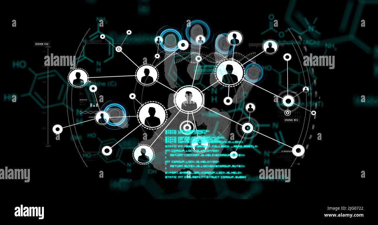 Image of network of connections with icons over diverse data and ...