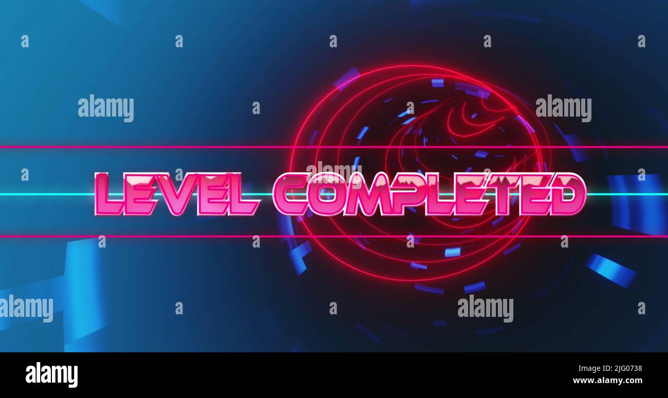 Image of level completed text over digital tunnel Stock Photo - Alamy