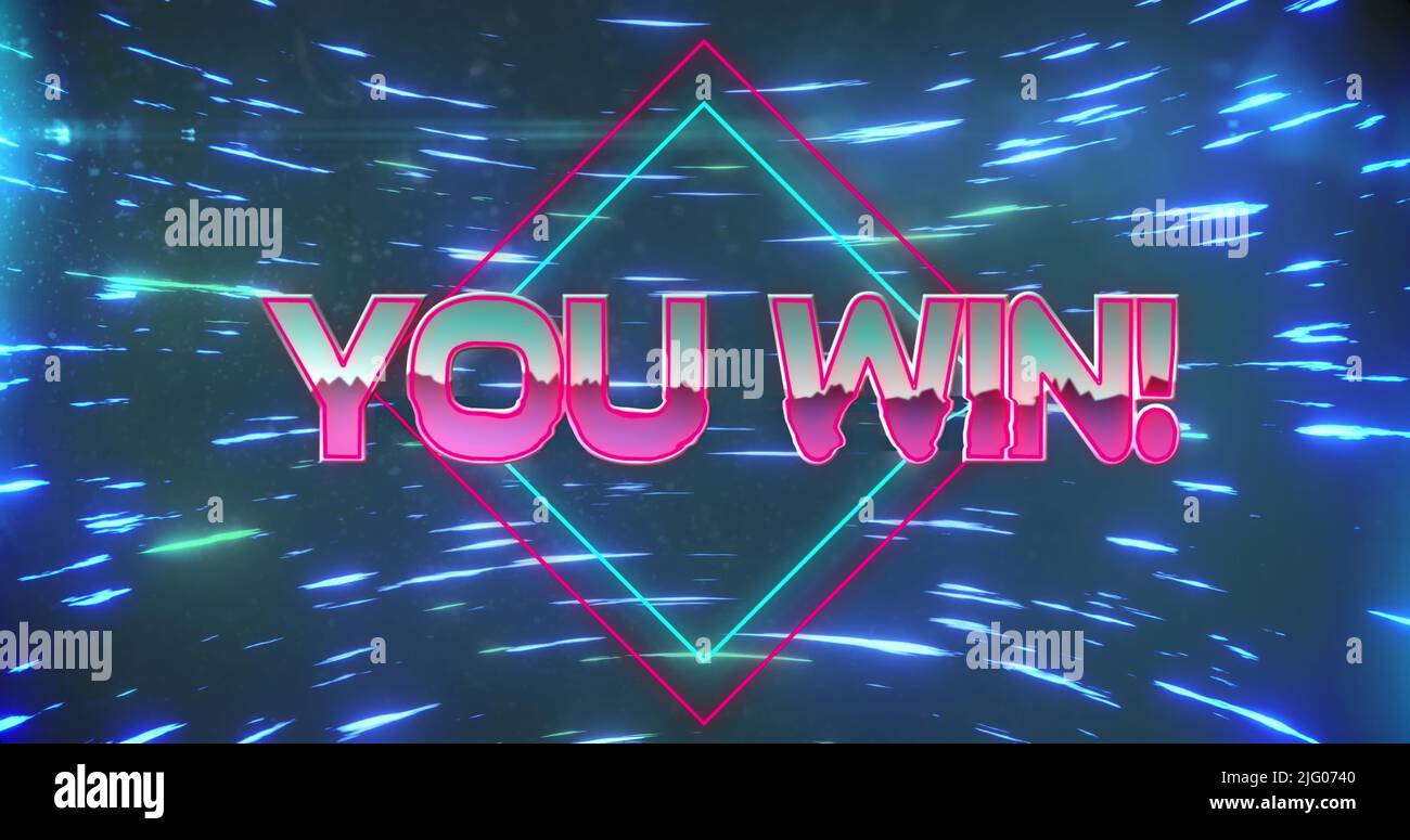Image of you win text over moving blue light trails Stock Photo - Alamy