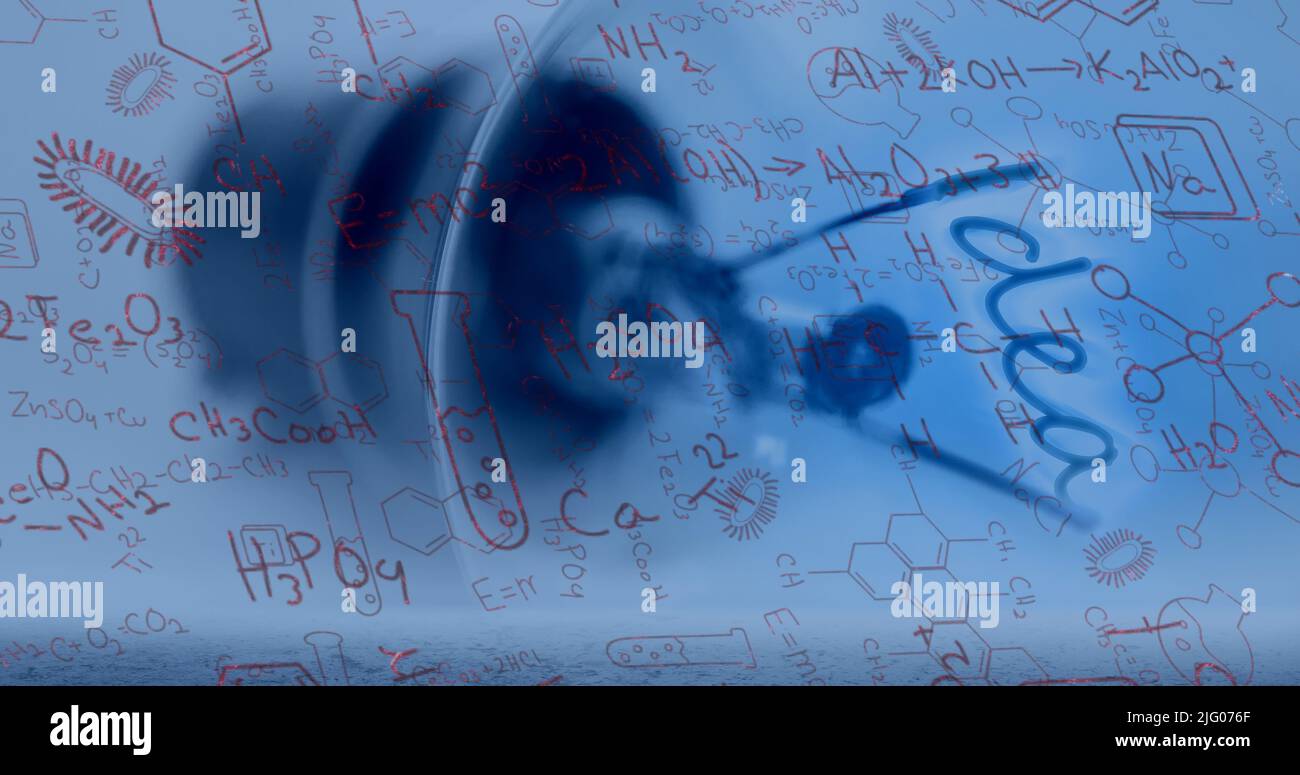 Image of chemical formulas on blue background with bulb Stock Photo - Alamy