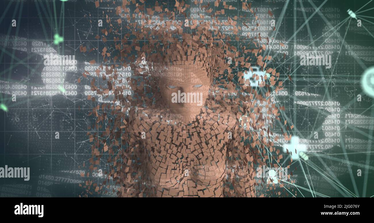Image of network of connections with icons over digital human model ...