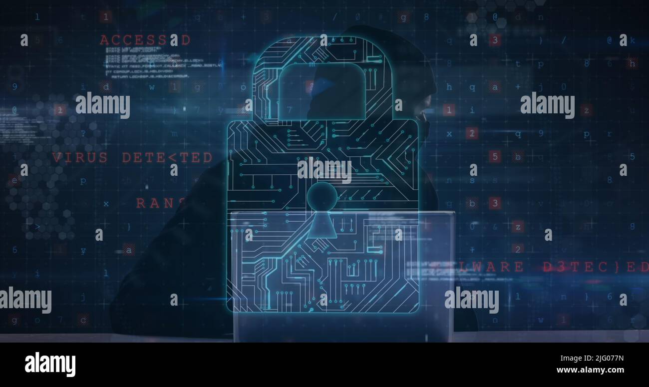 Image of multiple computer screens, online security padlock over hacker using computer Stock ...